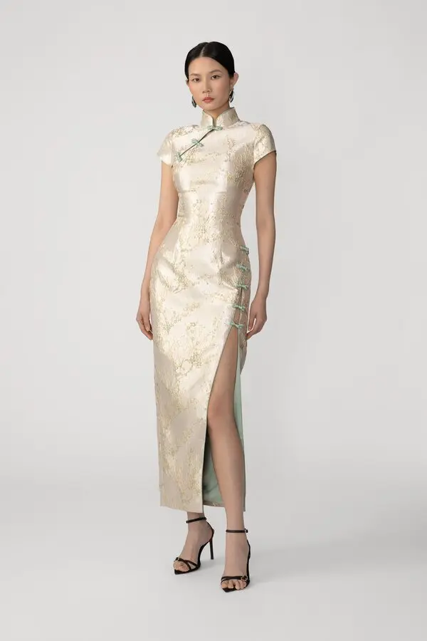 SAU LEE Josephine Jacquard Midi Dress - Silver Mint