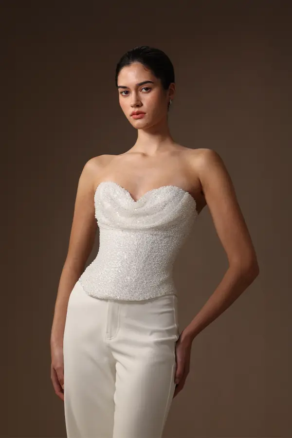 SAU LEE Lin Beaded Corset Top - White