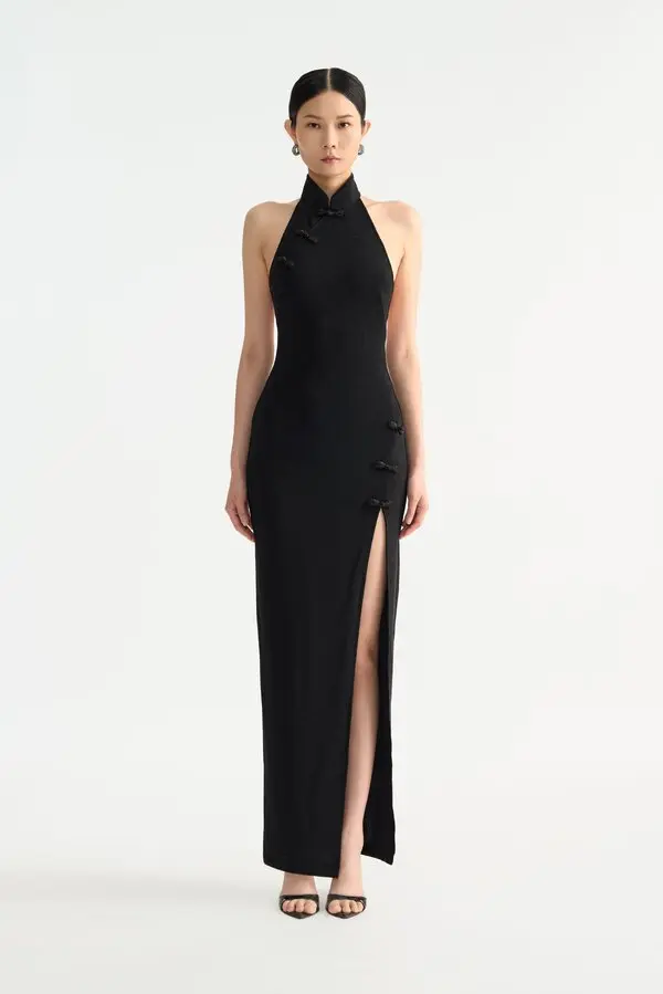 SAU LEE Desiree Maxi Dress With Mandarin Collar And Thigh-high Slit - Black