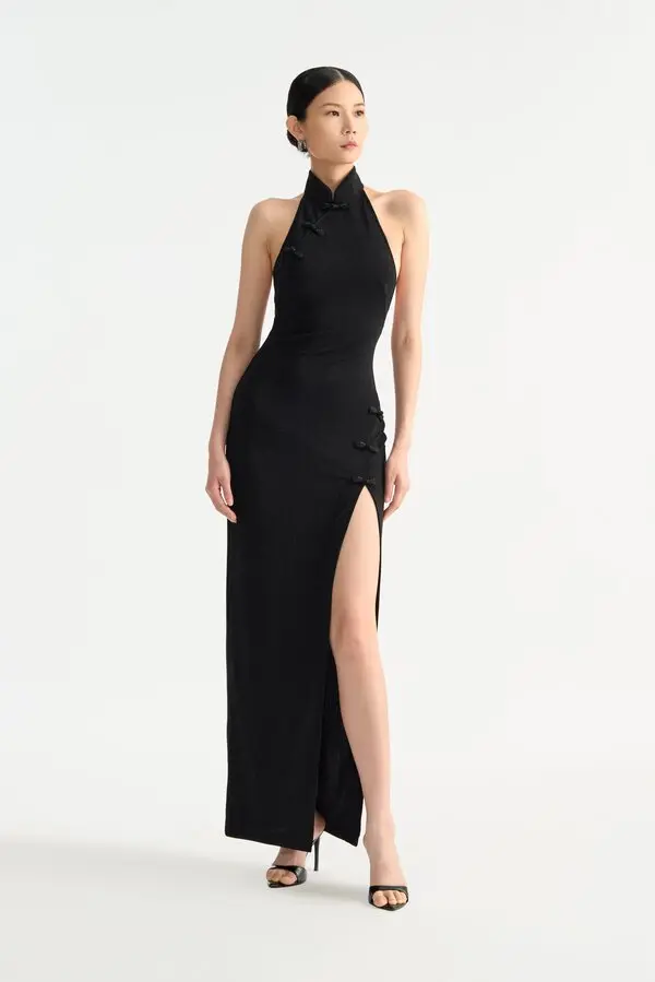 SAU LEE Desiree Maxi Dress With Mandarin Collar And Thigh-high Slit - Black