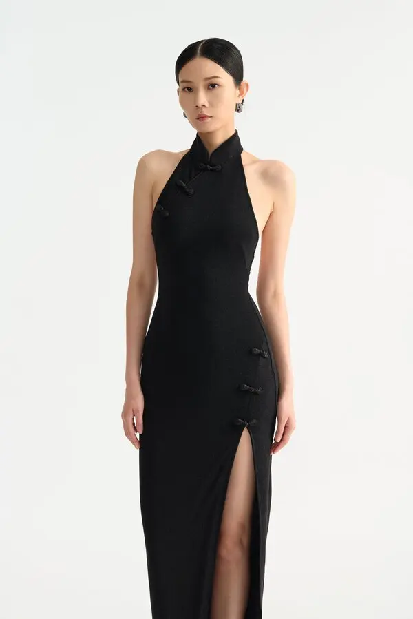 SAU LEE Desiree Maxi Dress With Mandarin Collar And Thigh-high Slit - Black