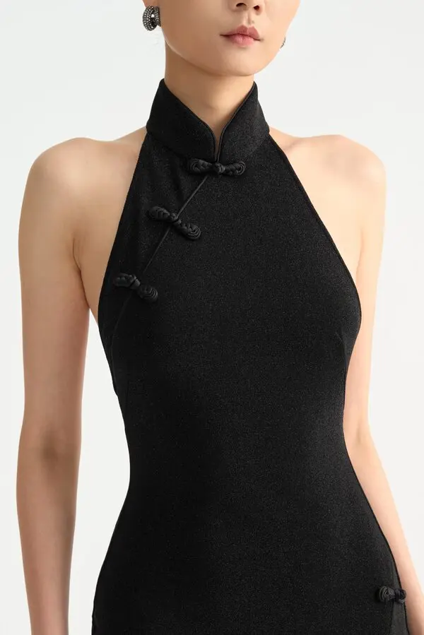 SAU LEE Desiree Maxi Dress With Mandarin Collar And Thigh-high Slit - Black
