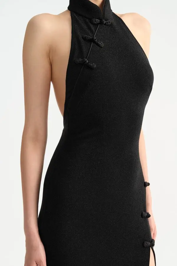 SAU LEE Desiree Maxi Dress With Mandarin Collar And Thigh-high Slit - Black