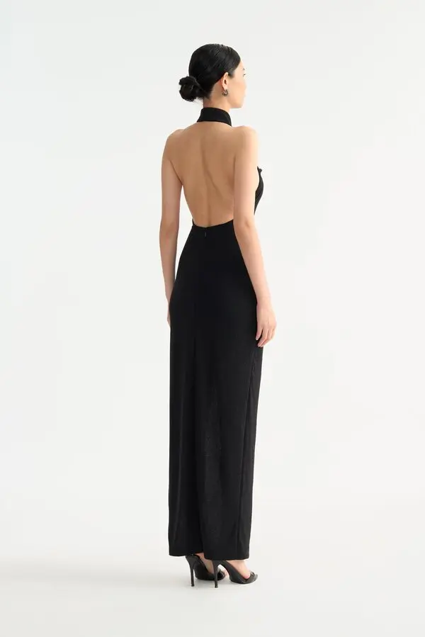 SAU LEE Desiree Maxi Dress With Mandarin Collar And Thigh-high Slit - Black