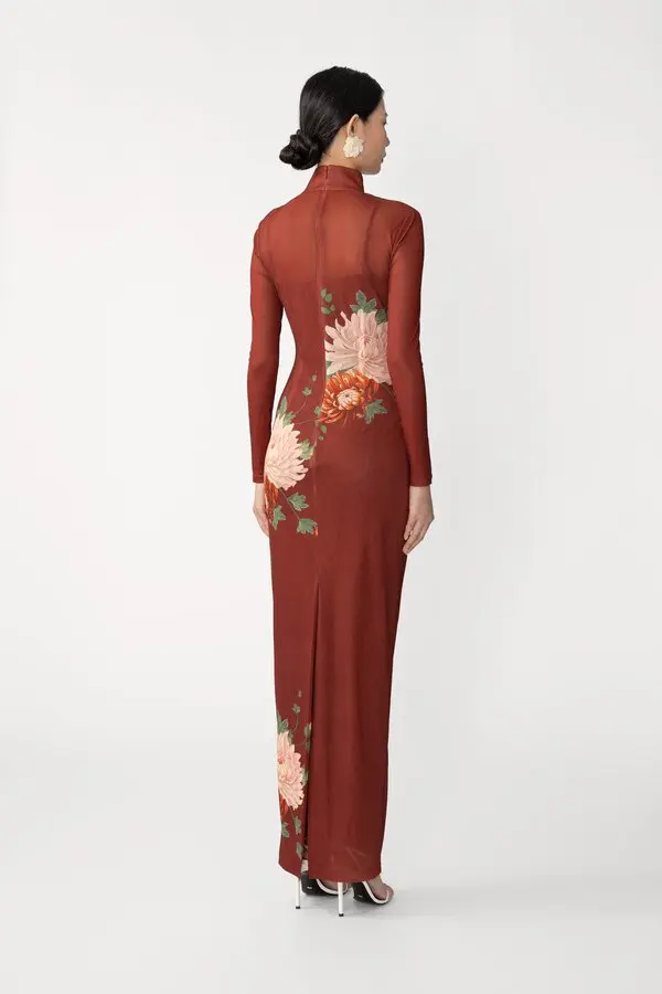 SAU LEE Kaia Printed Mesh Maxi Dress With Mandarin Collar - Auburn
