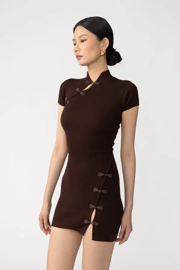 SAU LEE Denali Knit Mini Dress With Mandarin Collar And Pipa Knots - Espresso