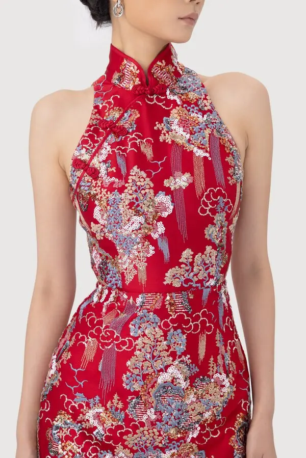 SAU LEE Jillian Embroidered Gown - Red
