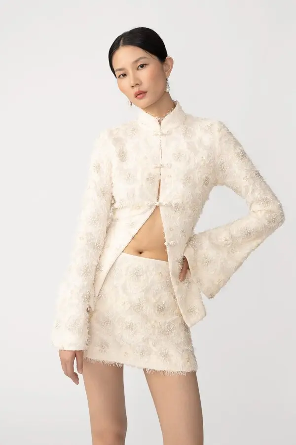 SAU LEE Aja Embroidered Flared Sleeve Top