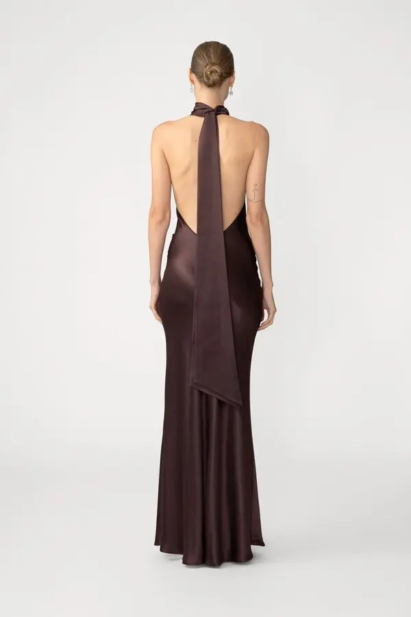 SAU LEE Penelope Backless Satin Gown - Mocha