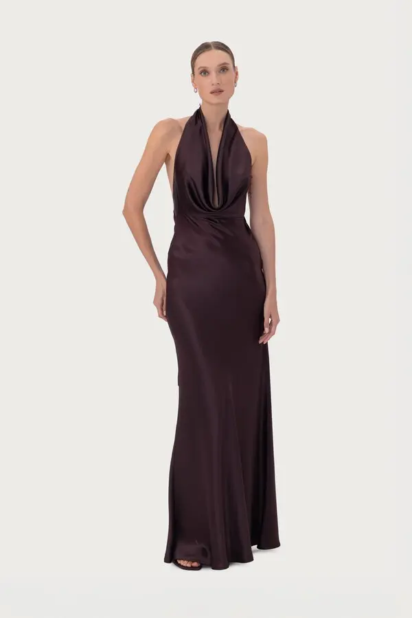 SAU LEE Pearl Satin Halterneck Gown - Espresso