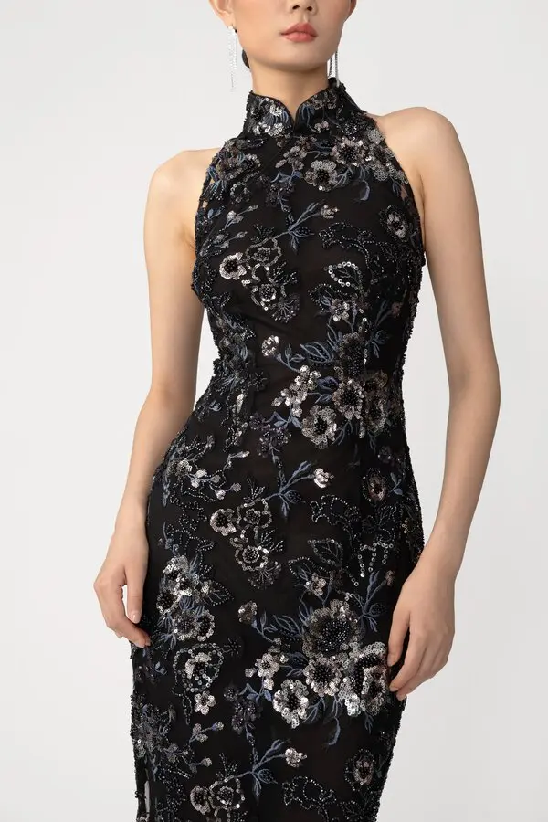SAU LEE Arielle Embroidered Halterneck Maxi Dress