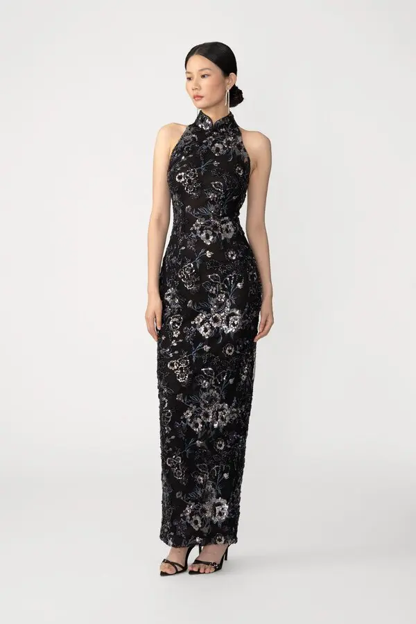 SAU LEE Arielle Embroidered Halterneck Maxi Dress