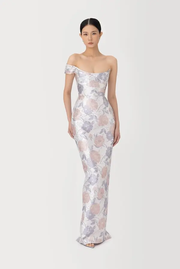 SAU LEE Jackson Floral Brocade Off-shoulder Gown - Lilac Multi