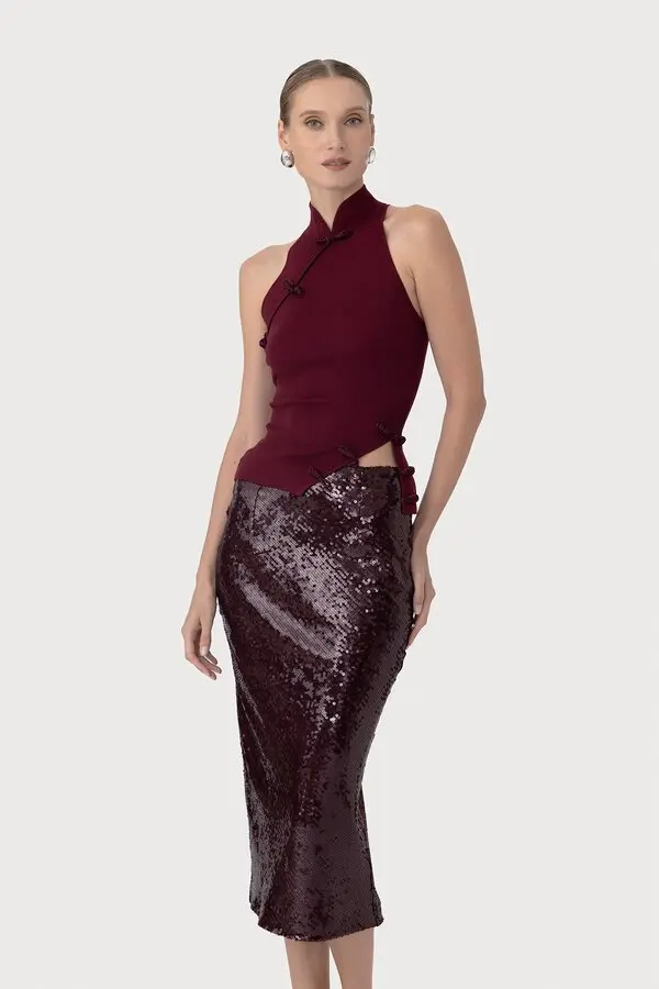 SAU LEE Venus Sequin Midi Skirt
