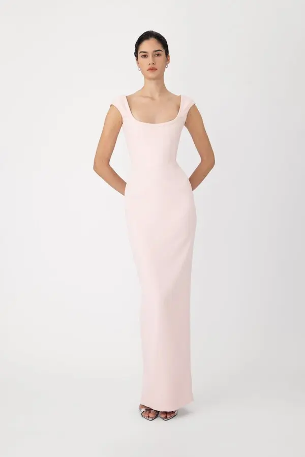 SAU LEE Brooke Gown Elegant Crepe Floor-length Dress With Corset Detail - Pink Cloud