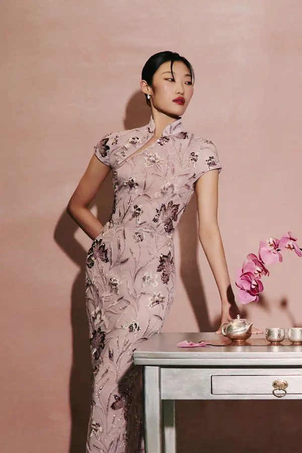 SAU LEE Seraphine Embroidered Mesh Midi Dress With Sequins And Beads - Lilac Ash