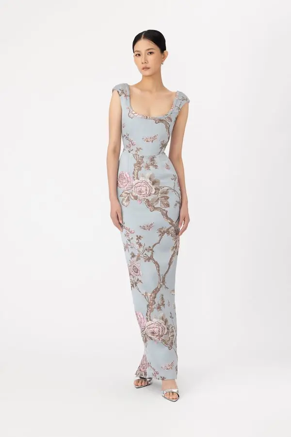 SAU LEE Brooke Brocade Gown - Blue Ash