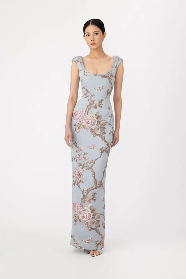 SAU LEE Brooke Brocade Gown - Blue Ash
