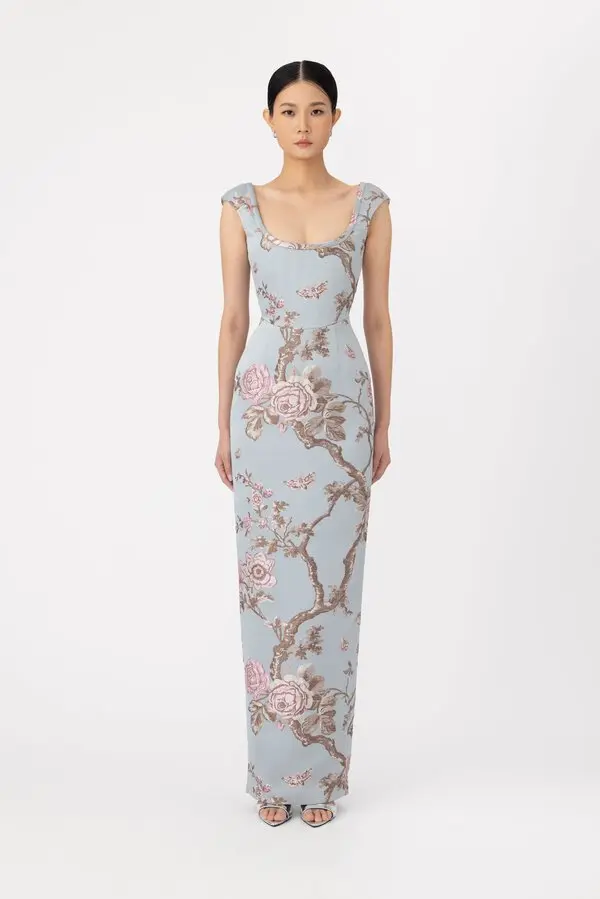 SAU LEE Brooke Brocade Gown - Blue Ash