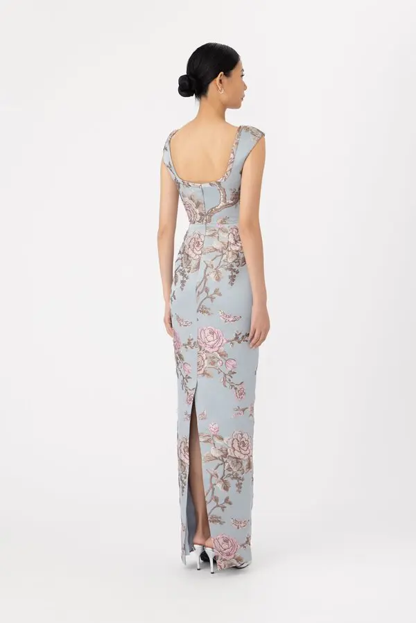 SAU LEE Brooke Brocade Gown - Blue Ash