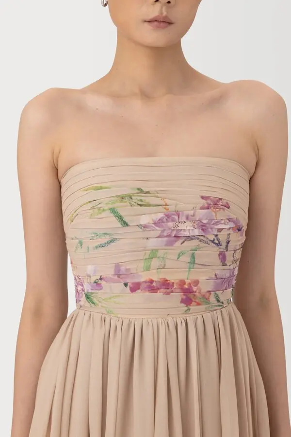 SAU LEE Camille Strapless Maxi Dress With Carnation Print - Soft Clay