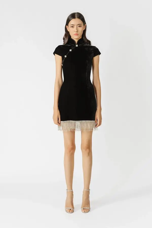 SAU LEE Margaux Velvet Mini Dress With Crystal Tassels