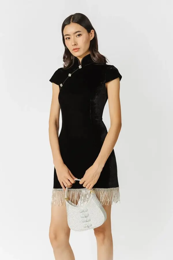 SAU LEE Margaux Velvet Mini Dress With Crystal Tassels