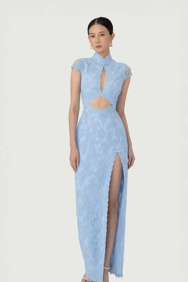 SAU LEE Moira Lace Maxi Dress - Sky Blue