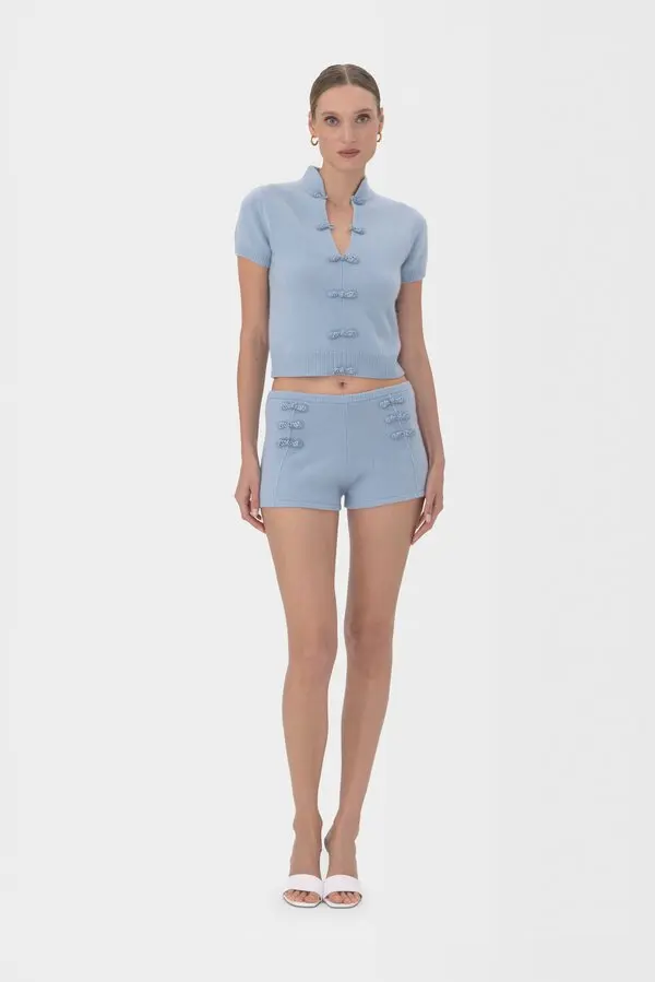 SAU LEE Aspen Cashmere Short Sleeve Top With Knot Detailing
