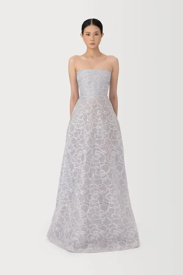 SAU LEE Yvonne Embroidered Strapless Gown - Silver Grey