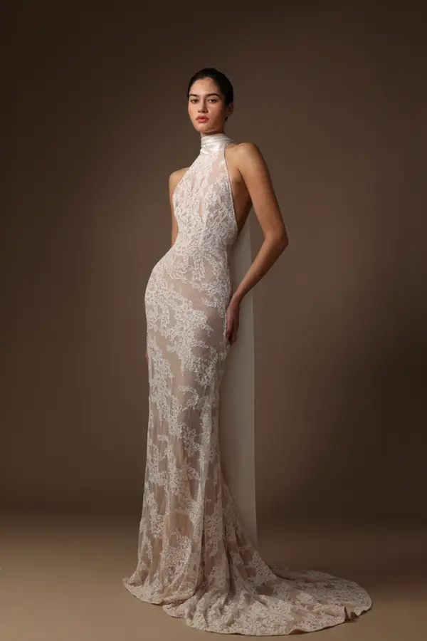 SAU LEE Andrea Lace Gown With High Neck And Open Back
