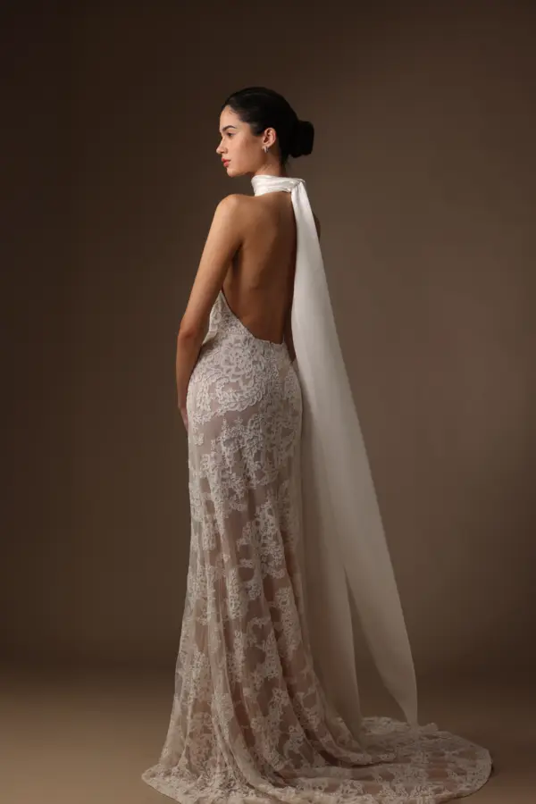 SAU LEE Andrea Lace Gown With High Neck And Open Back