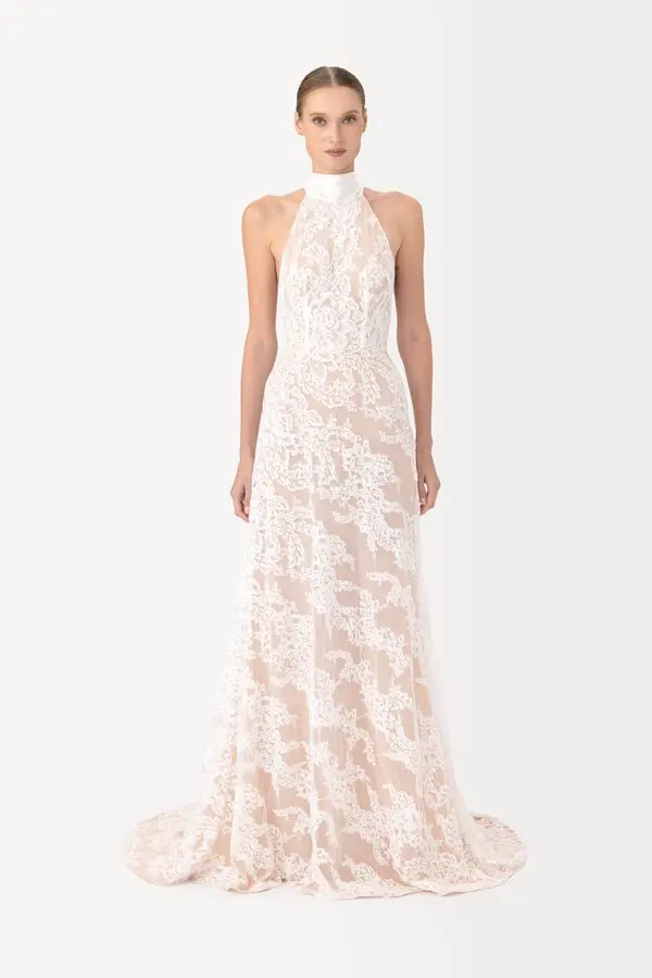 SAU LEE Andrea Lace Gown With High Neck And Open Back