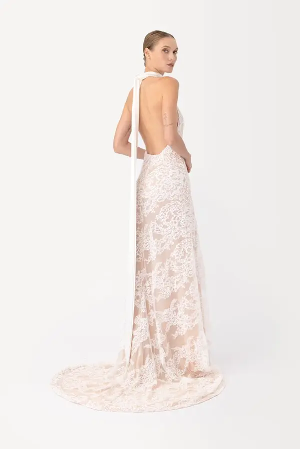SAU LEE Andrea Lace Gown With High Neck And Open Back