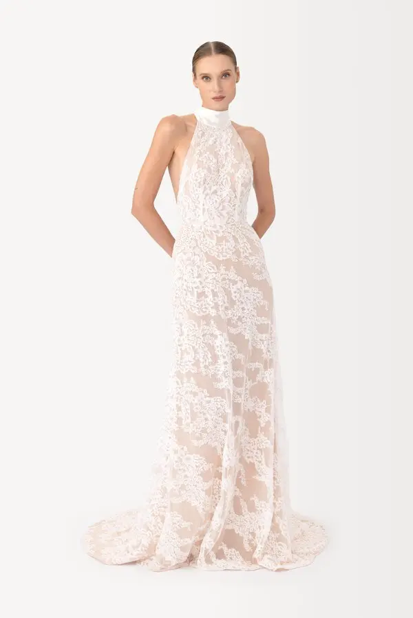 SAU LEE Andrea Lace Gown With High Neck And Open Back