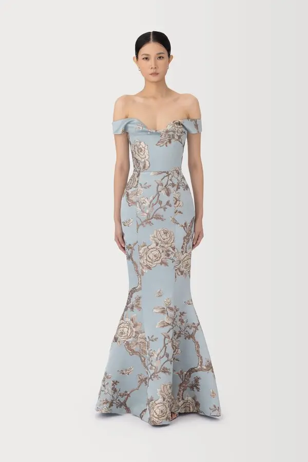 SAU LEE Natalya Off-the-shoulder Brocade Gown - Blue Ash
