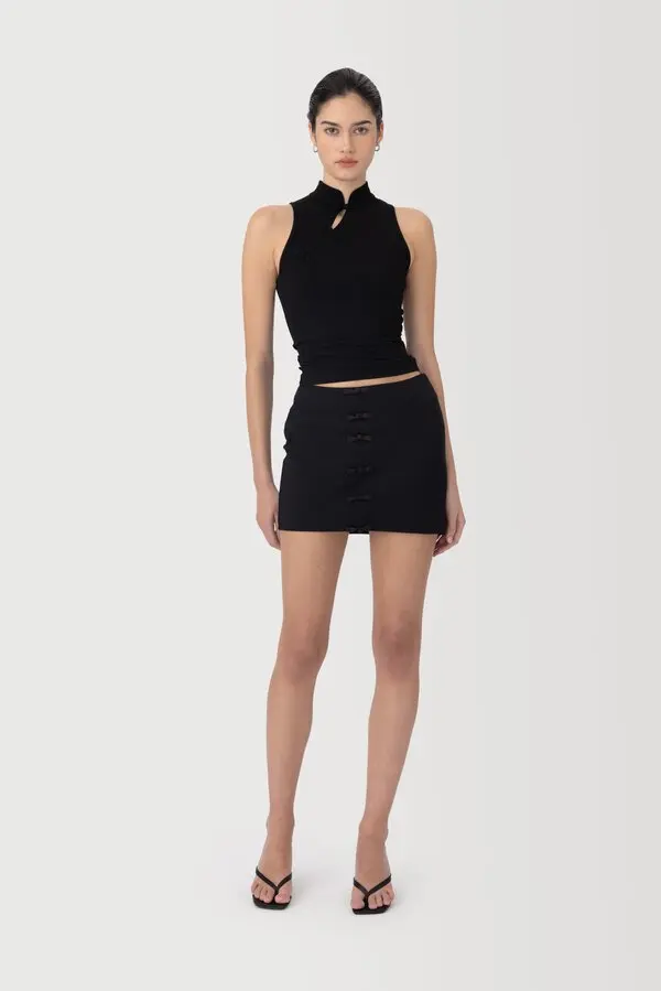 SAU LEE Tao Knit Mandarin Collar Top With Knot Detailing