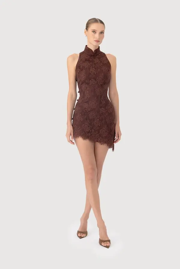 SAU LEE Silba Lace Mini Dress With Mandarin Collar And Scalloped Hem