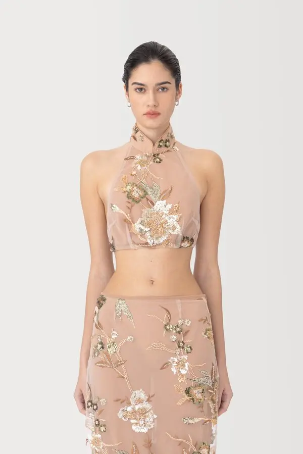 SAU LEE Eliza Embellished Halter Neck Cropped Top