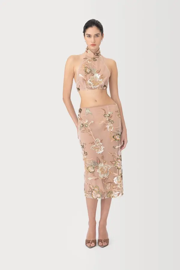 SAU LEE Eliza Embellished Halter Neck Cropped Top