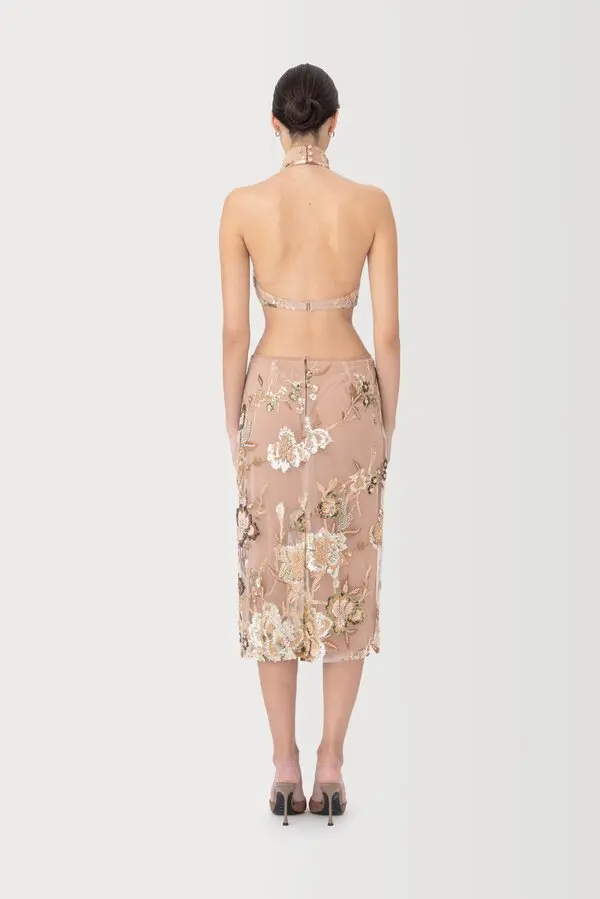 SAU LEE Eliza Embellished Halter Neck Cropped Top