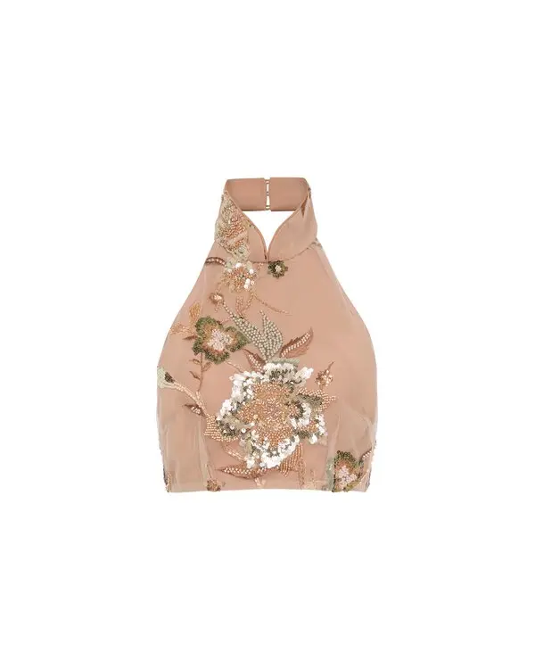 SAU LEE Eliza Embellished Halter Neck Cropped Top