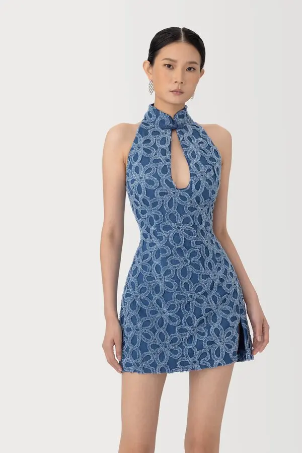 SAU LEE Eva Denim Mini Dress With Mandarin Collar And Slit