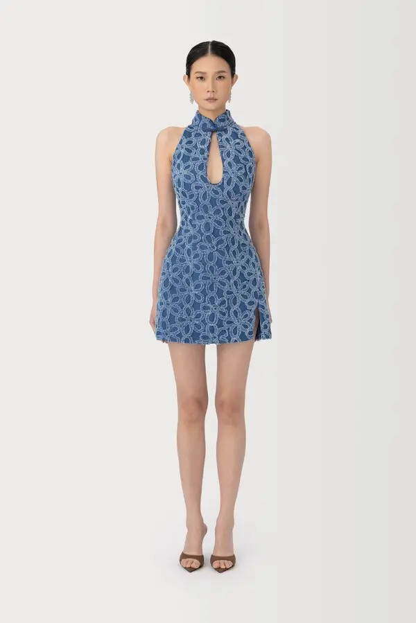 SAU LEE Eva Denim Mini Dress With Mandarin Collar And Slit