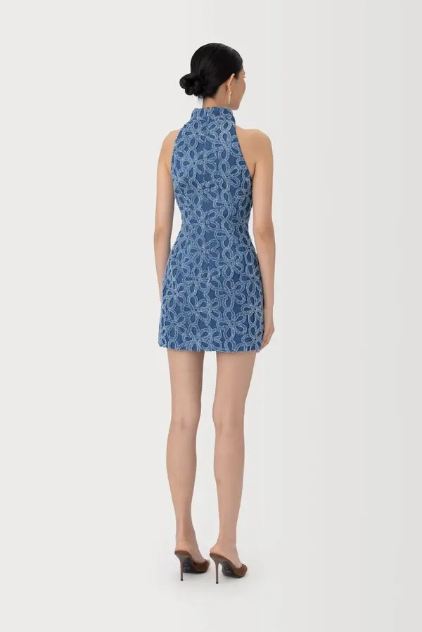 SAU LEE Eva Denim Mini Dress With Mandarin Collar And Slit