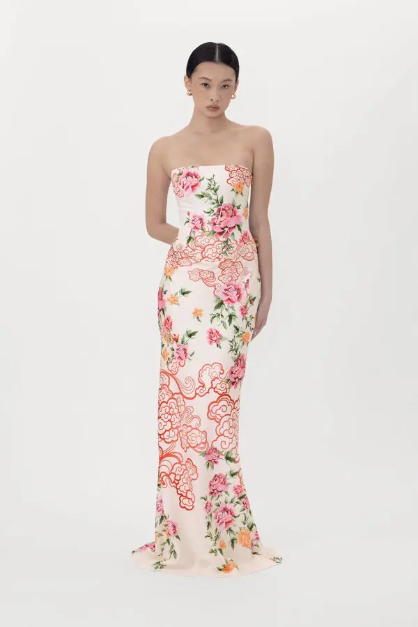 SAU LEE Alisa Strapless Floral Print Maxi Gown