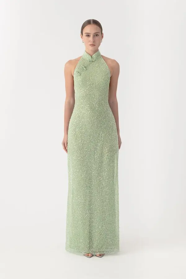 SAU LEE Grace Beaded Maxi Cheongsam Dress