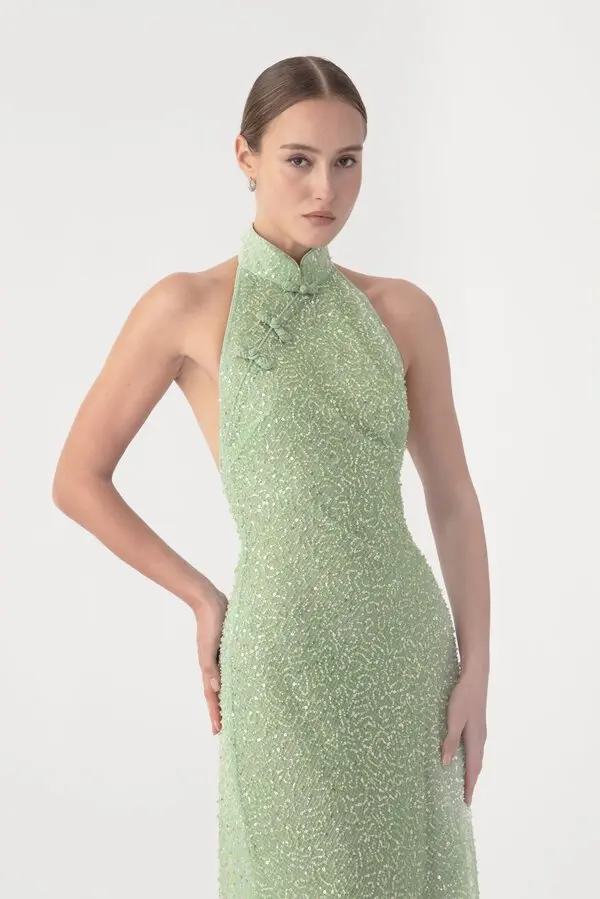 SAU LEE Grace Beaded Maxi Cheongsam Dress