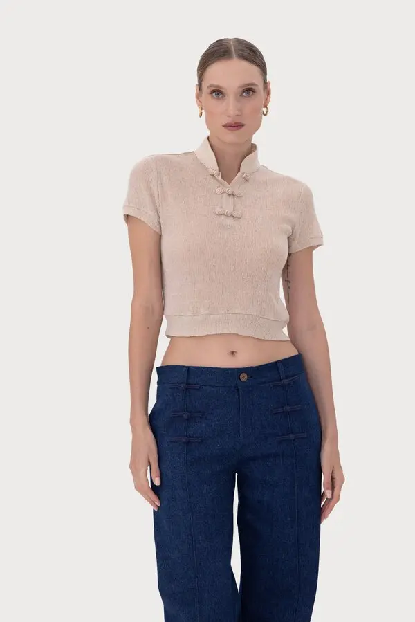 SAU LEE Enid Knit Polo With Mandarin Collar And Pipa Knot Detailing