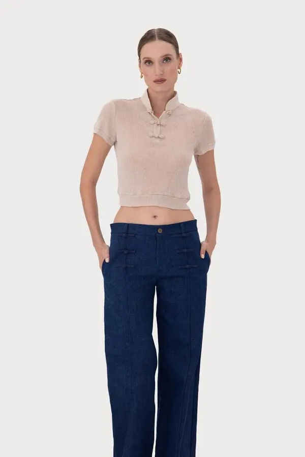 SAU LEE Enid Knit Polo With Mandarin Collar And Pipa Knot Detailing